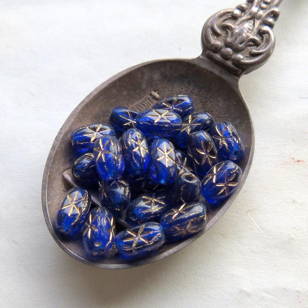 New GOLDEN COBALT BEADS . 40 Czech Metallic Glass Rice Beads . 6 Mm by ...