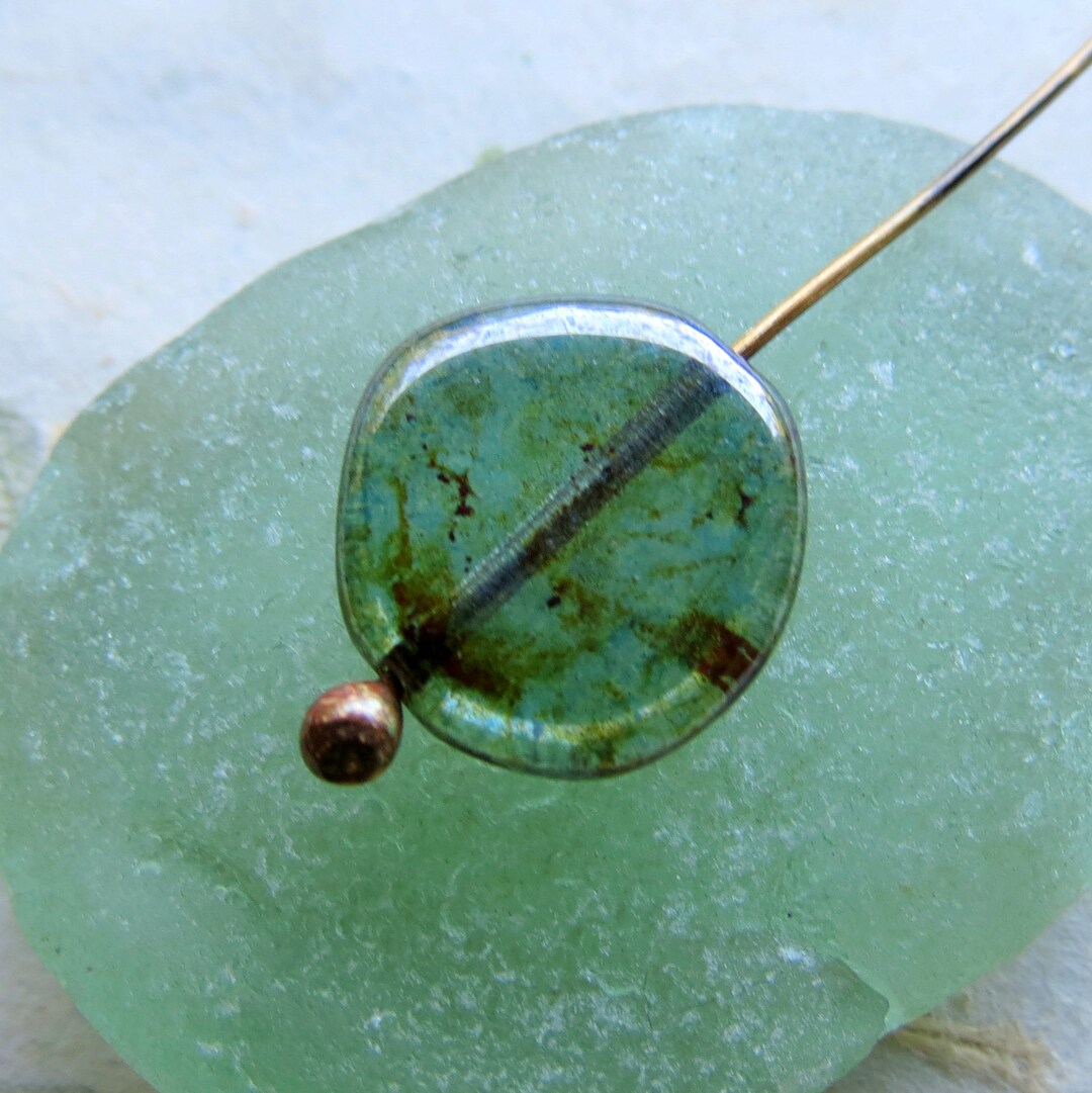 GREEN PICASSO SLABS . 6 Czech Picasso Glass Coin Beads . 15 Mm Beads ...