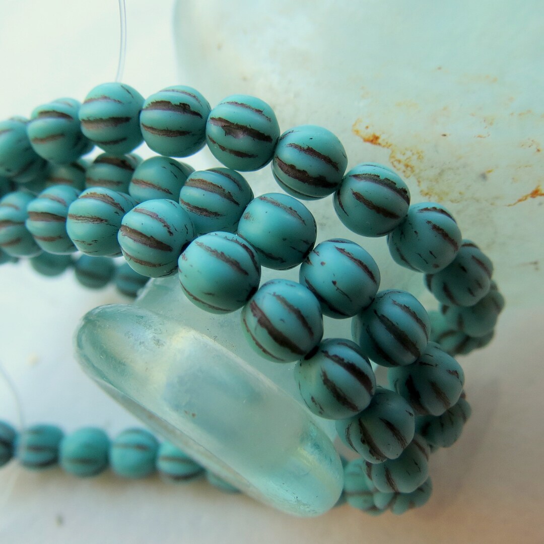 TURQUOISE PICASSO MELONS . 25 Czech Aged Glass Beads . 5 Mm . Supplies ...