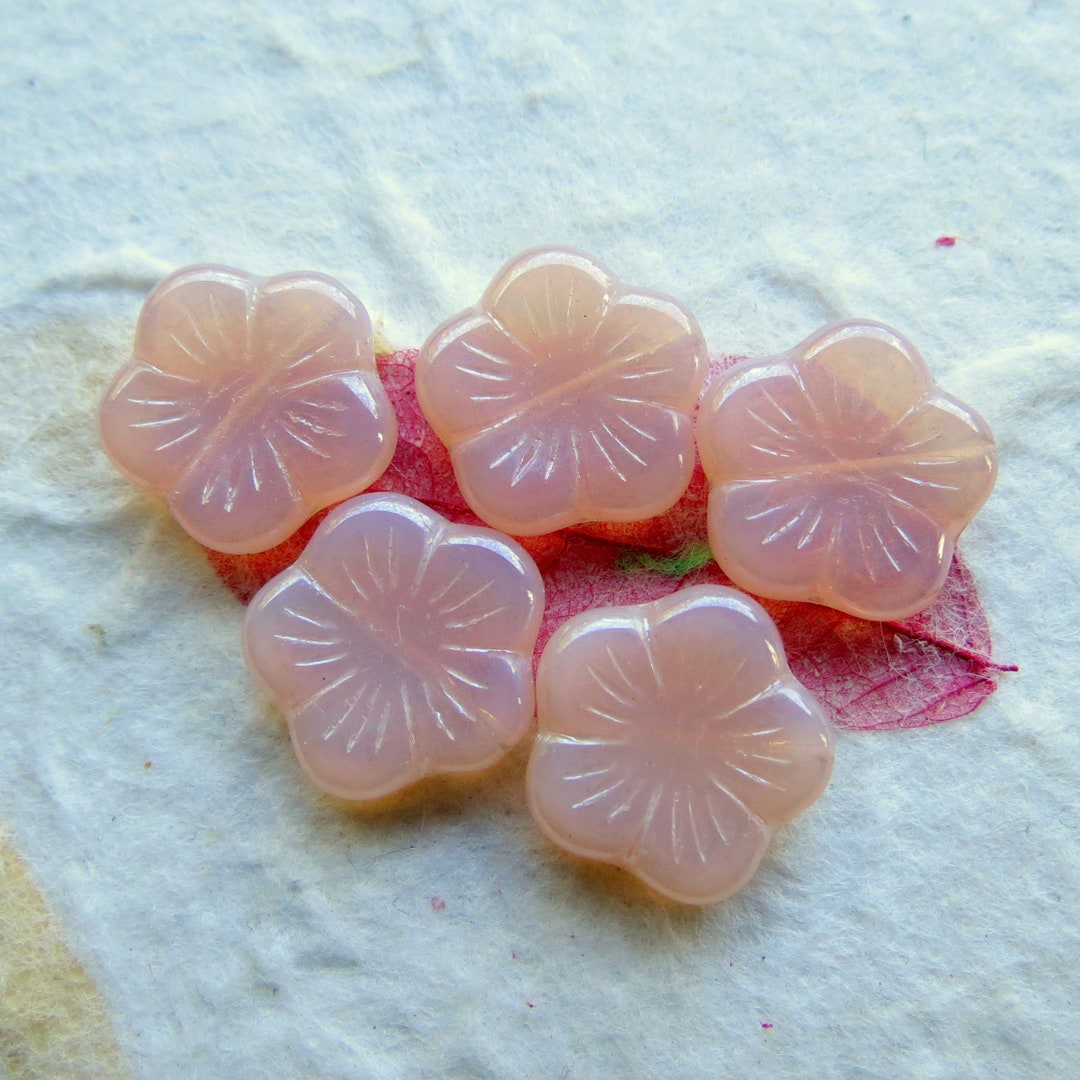 PINK OPALINE FLOWERS . 8 Czech Luster Flat Glass Flower Beads . 14 Mm ...