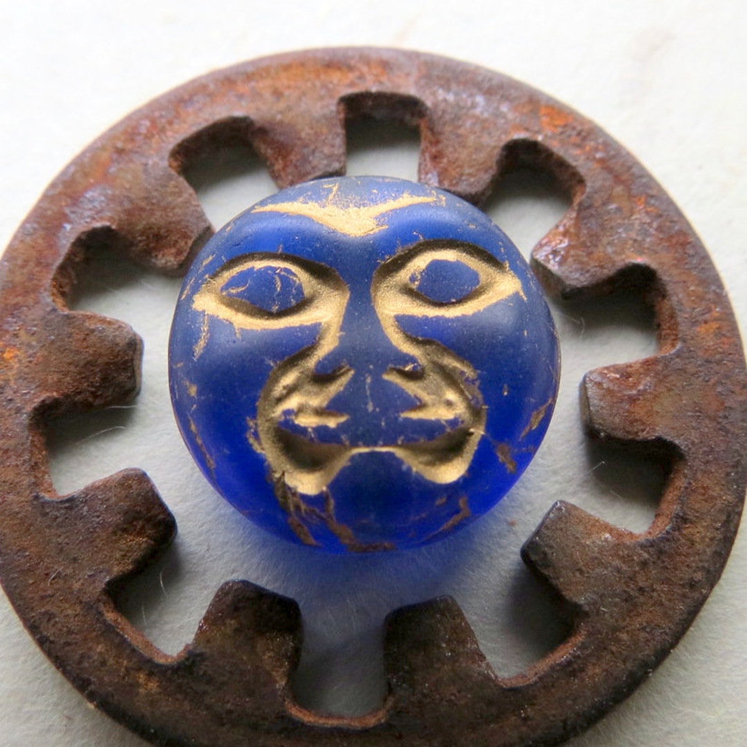 GOLDEN COBALT MOONS . 6 Czech Metallic Glass Moon Face Beads . 13 Mm ...