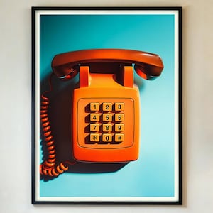 Retro Orange Phone Poster - 70s Pop Art Print, Vintage Corded Telephone ...