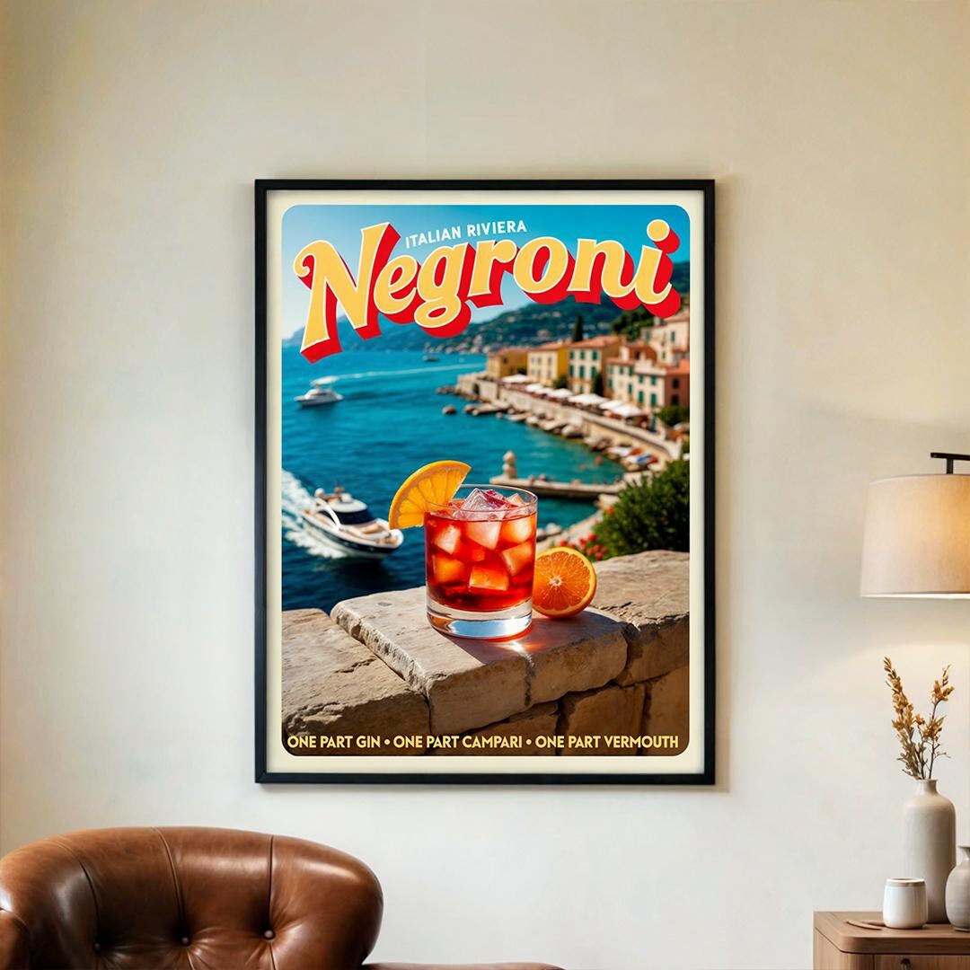 Negroni Cocktail Art Print, Italian Riviera Vintage Travel Poster ...