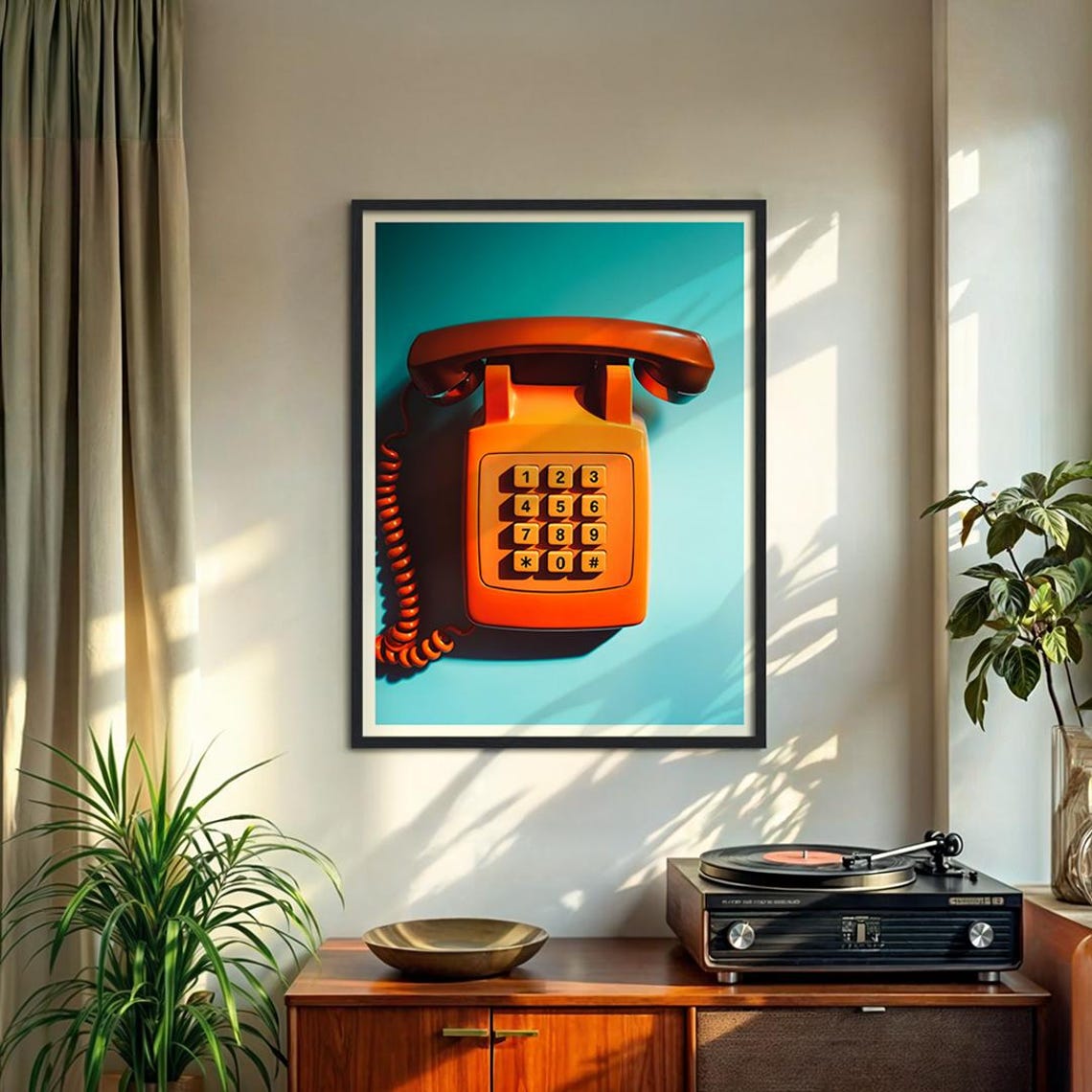 Retro Orange Phone Poster - 70s Pop Art Print, Vintage Corded Telephone ...