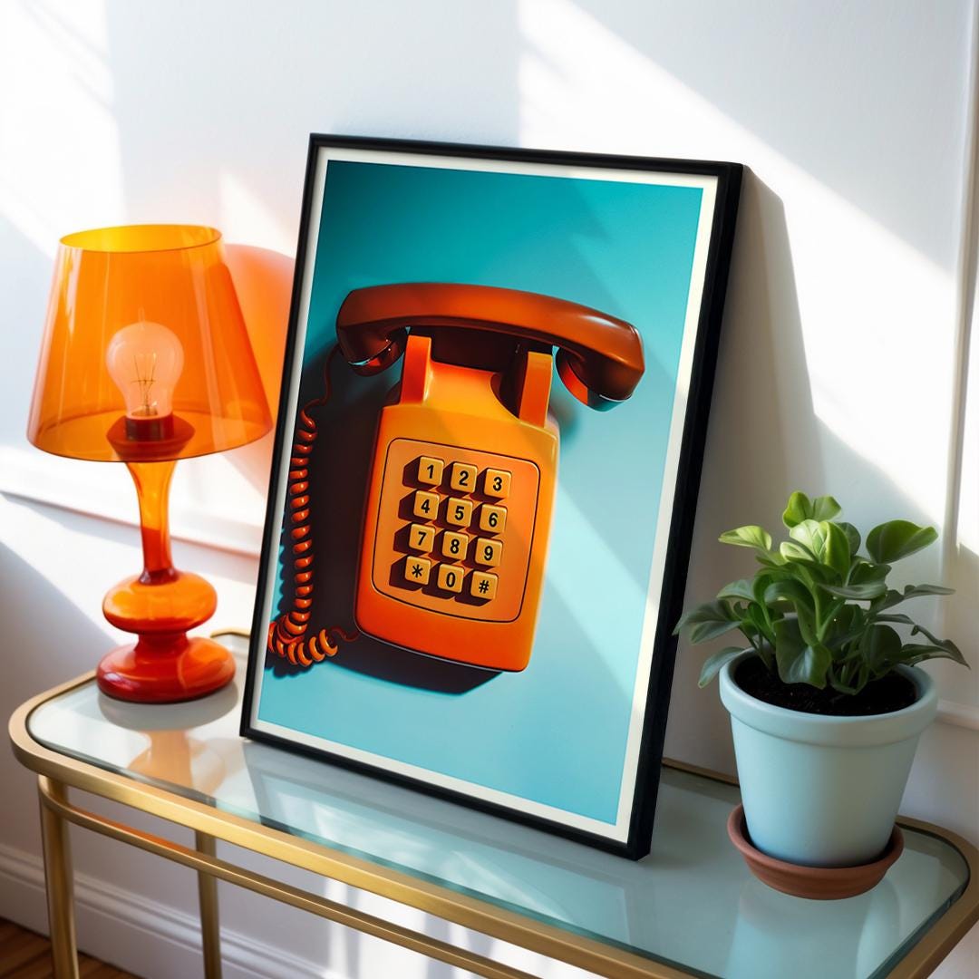 Retro Orange Phone Poster - 70s Pop Art Print, Vintage Corded Telephone ...