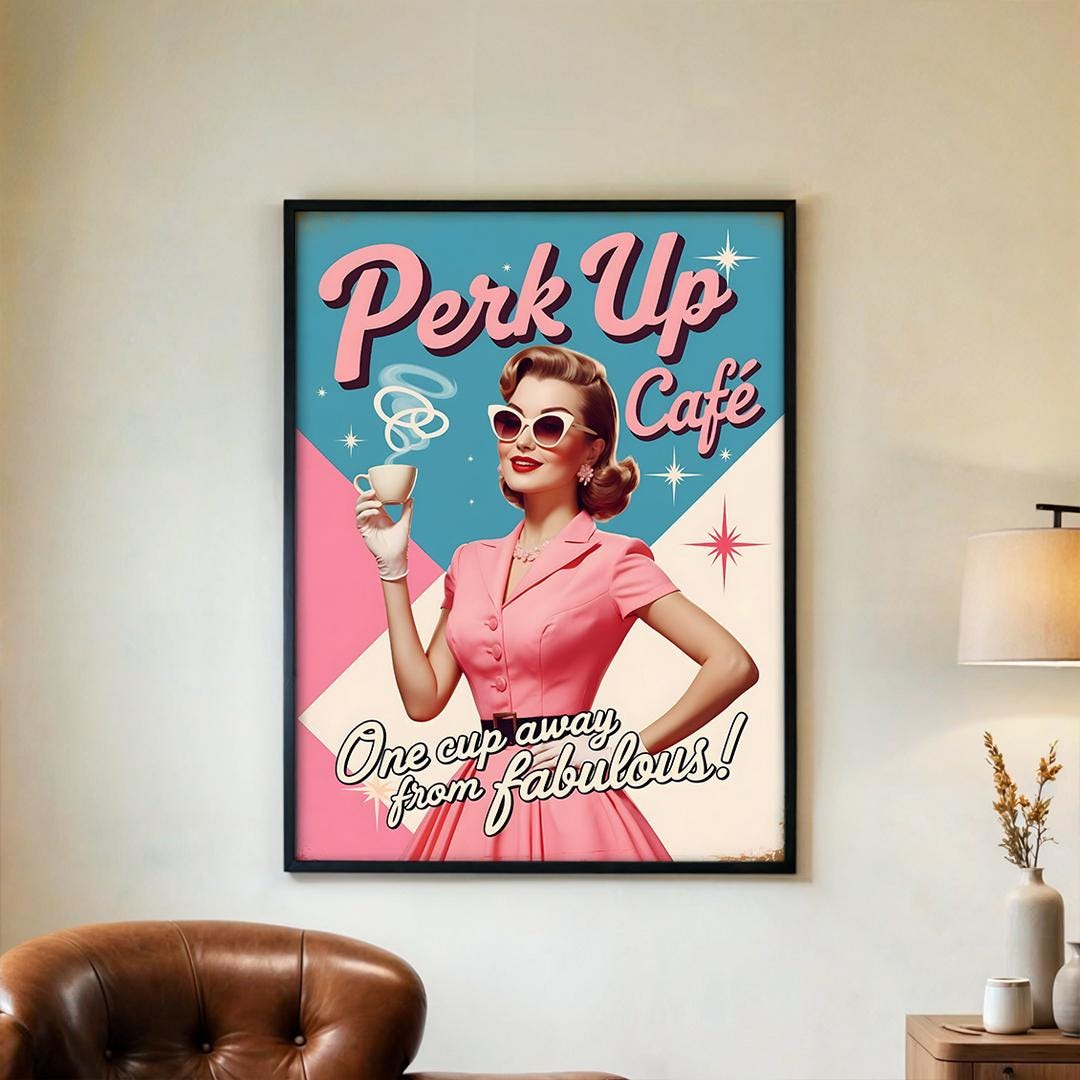 Perk up Cafe Poster – Retro 50s Diner Wall Art, Pink Kitchen Coffee Bar ...