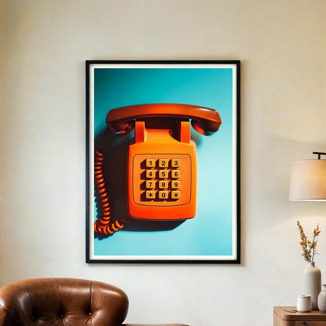 Retro Orange Phone Poster - 70s Pop Art Print, Vintage Corded Telephone ...