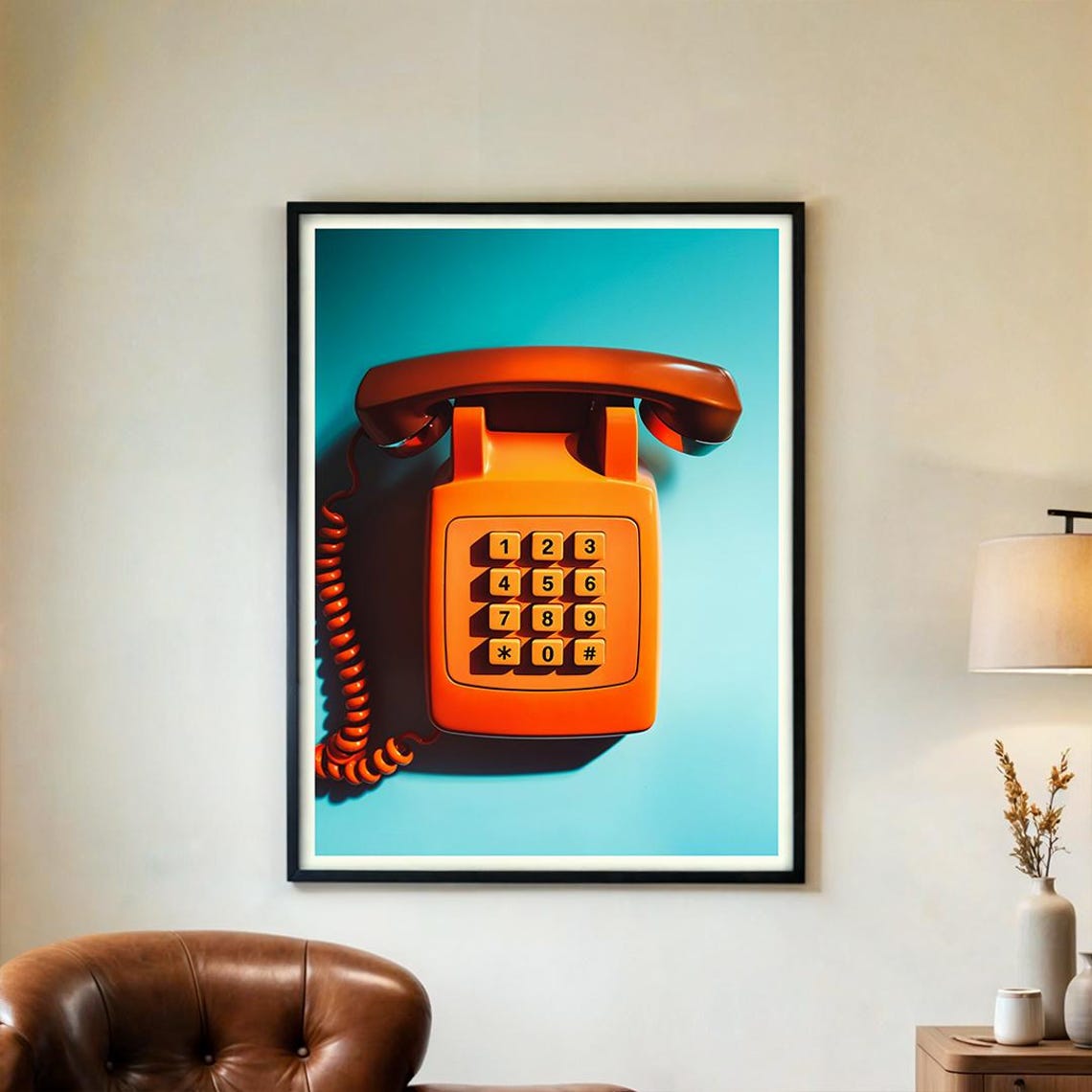 Retro Orange Phone Poster - 70s Pop Art Print, Vintage Corded Telephone ...