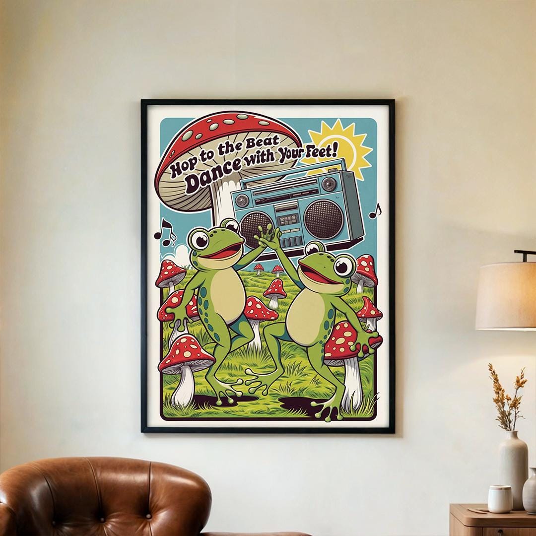 Dancing Frogs Poster – 1980's Retro Funky Wall Art Print With Mushrooms ...
