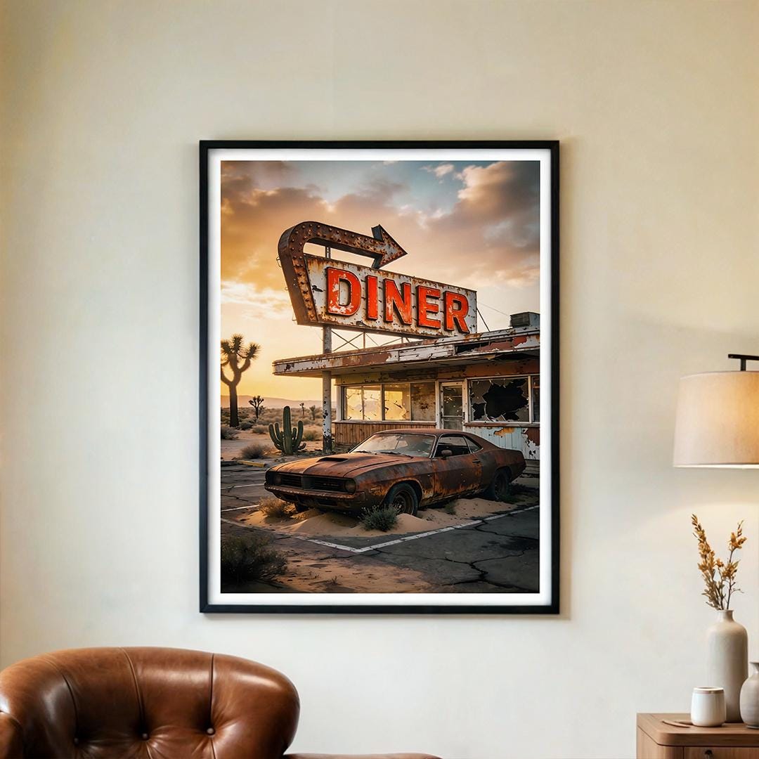 Abandoned Desert Diner Poster – Rusted Muscle Car Wall Art, Roadside ...