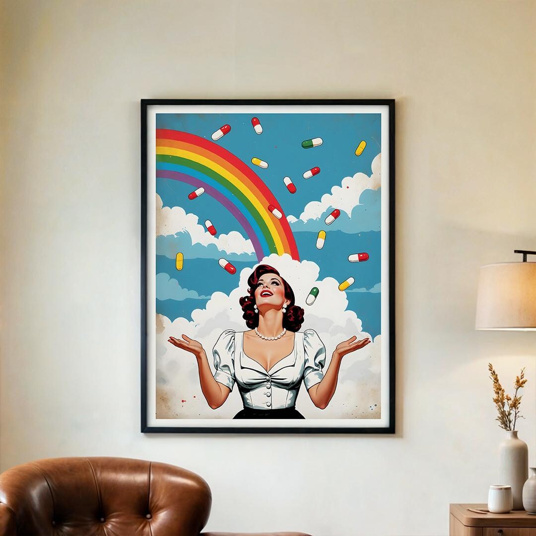 Chill Pills Poster – Retro Surreal Rainbow Wall Art, Funny Vintage Pop ...