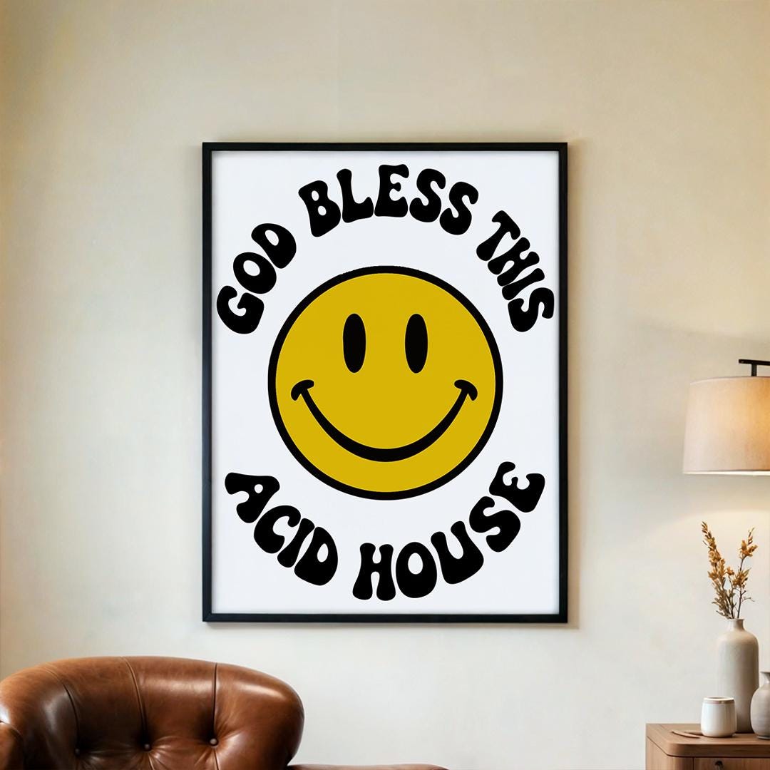 God Bless This Acid House Poster – Retro Smiley Face Wall Art, Rave ...