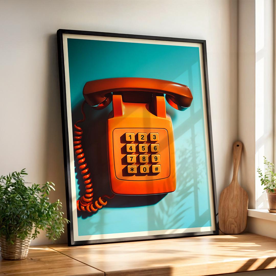 Retro Orange Phone Poster - 70s Pop Art Print, Vintage Corded Telephone ...