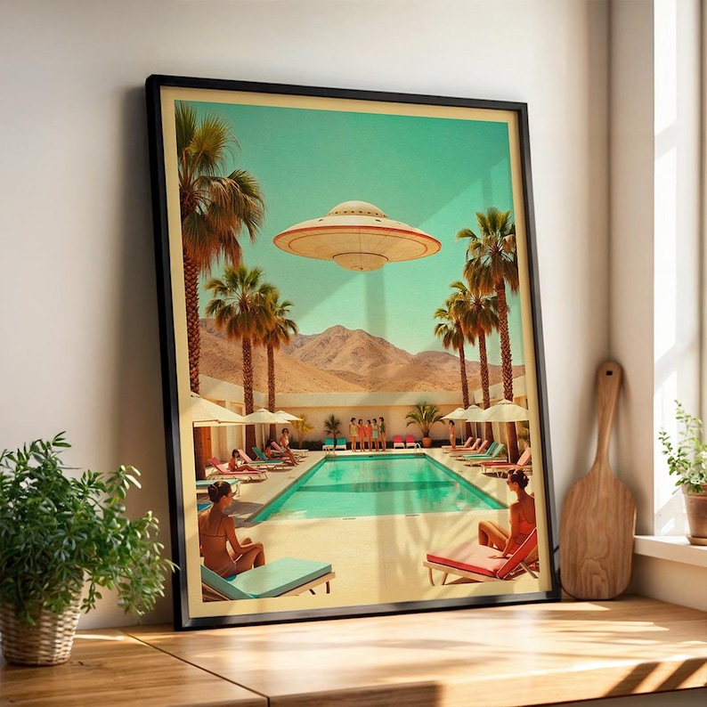 Retro UFO Pool Party Poster – Vintage Sci-Fi Wall Art Print, Palm ...