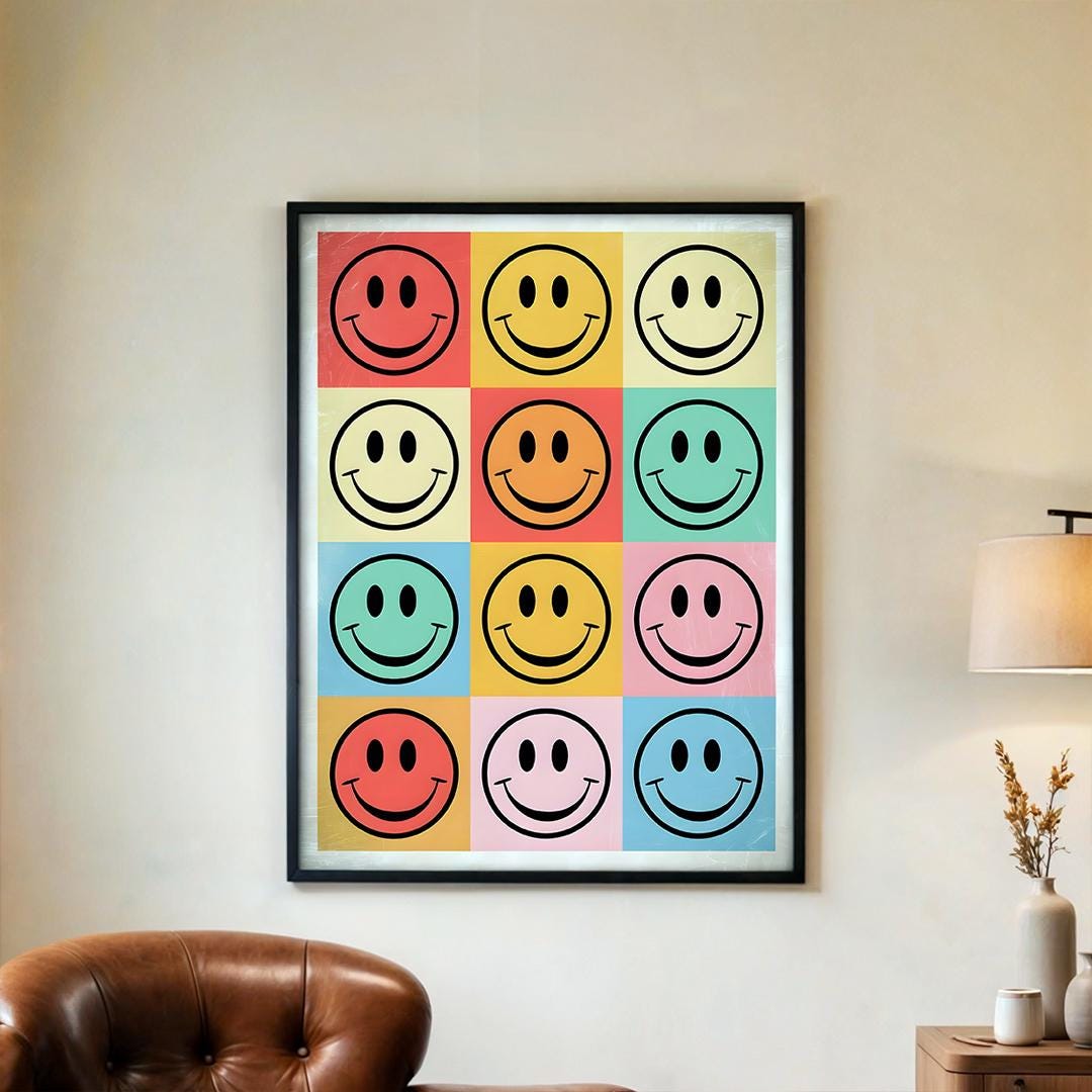 Smiley Face Poster – Retro Pop Art Wall Decor, Colorful 90s Acid House ...