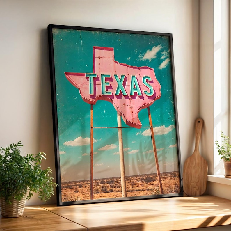 Texas Retro Sign Poster, Vintage Desert Road Trip Wall Art Print ...
