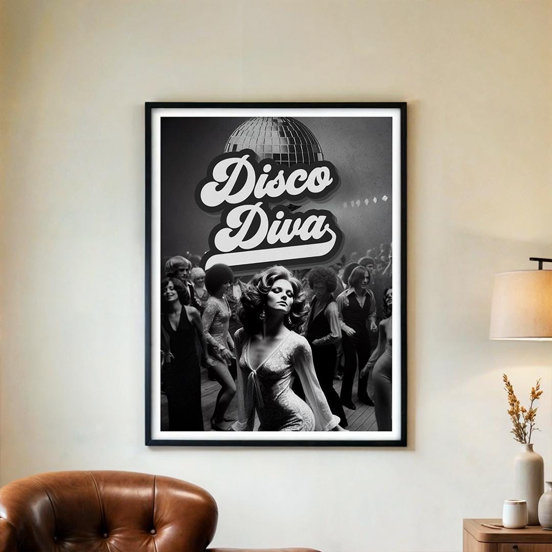 Disco Diva Poster - Vintage 1970s Dancefloor Wall Art, Retro Black ...
