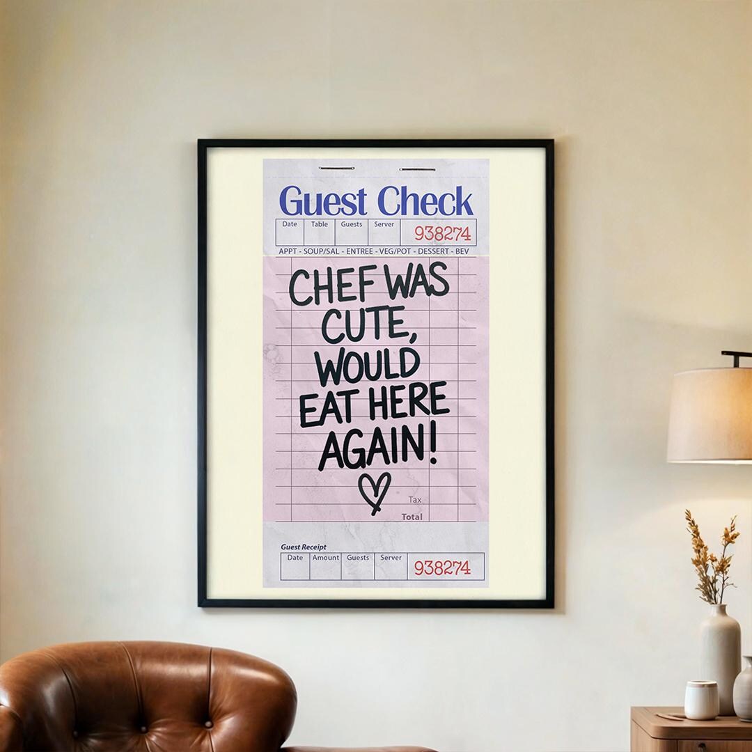 Chef Was Cute Poster - Retro Pink Guest Check Print, Funny Kitchen Wall ...