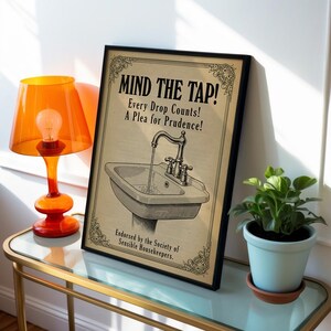 Mind the Tap Water Conservation Poster – Funny Vintage Bathroom Wall ...