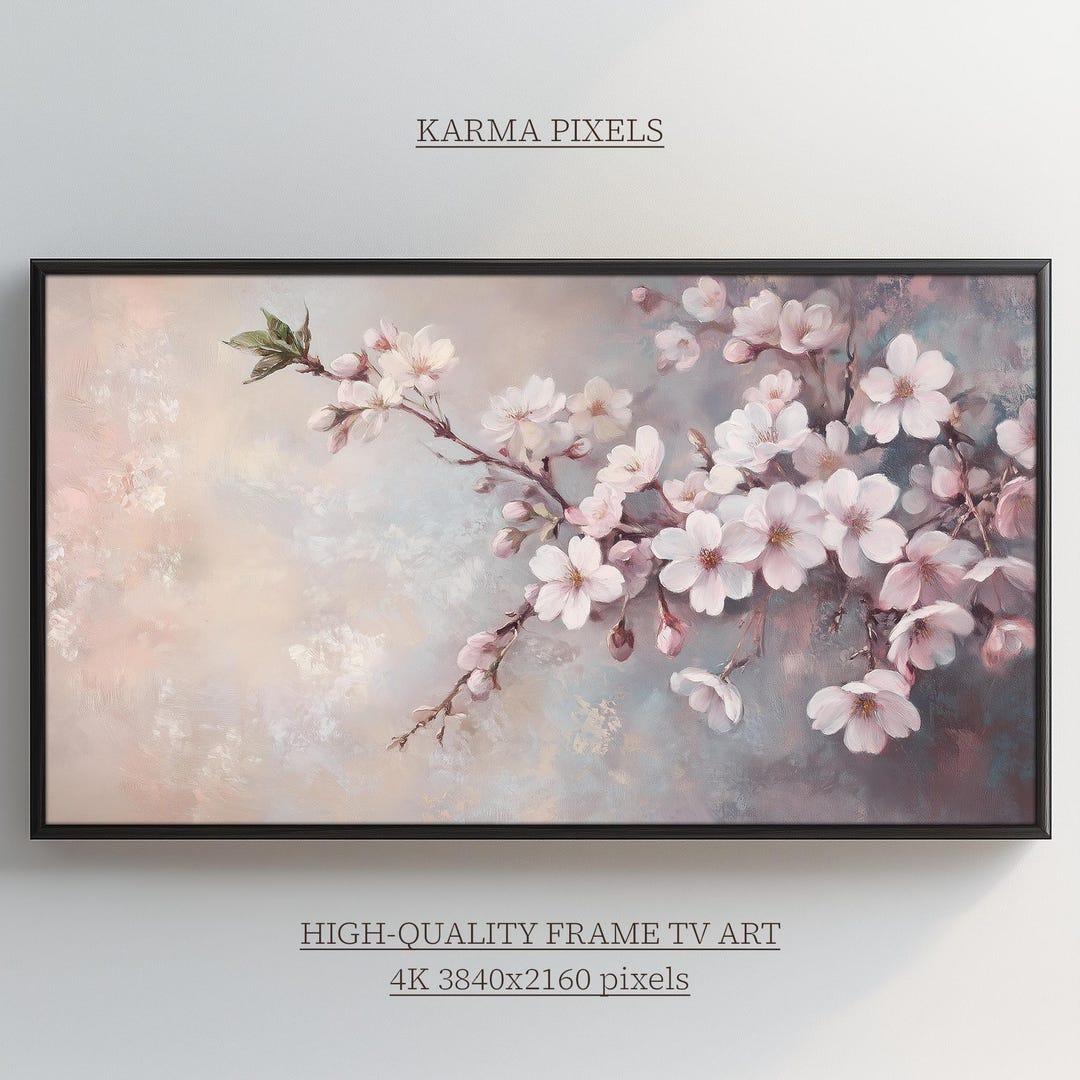 Cherry Blossom Frame TV Art, Moody Pink Floral Painting, Rustic ...