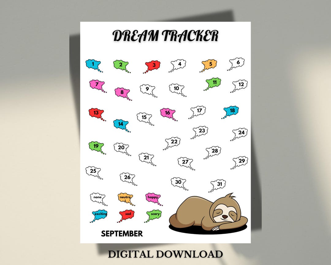 Dream Tracker, Monthly Dream Tracker, Daily Dream Planner, Sloth Dream ...