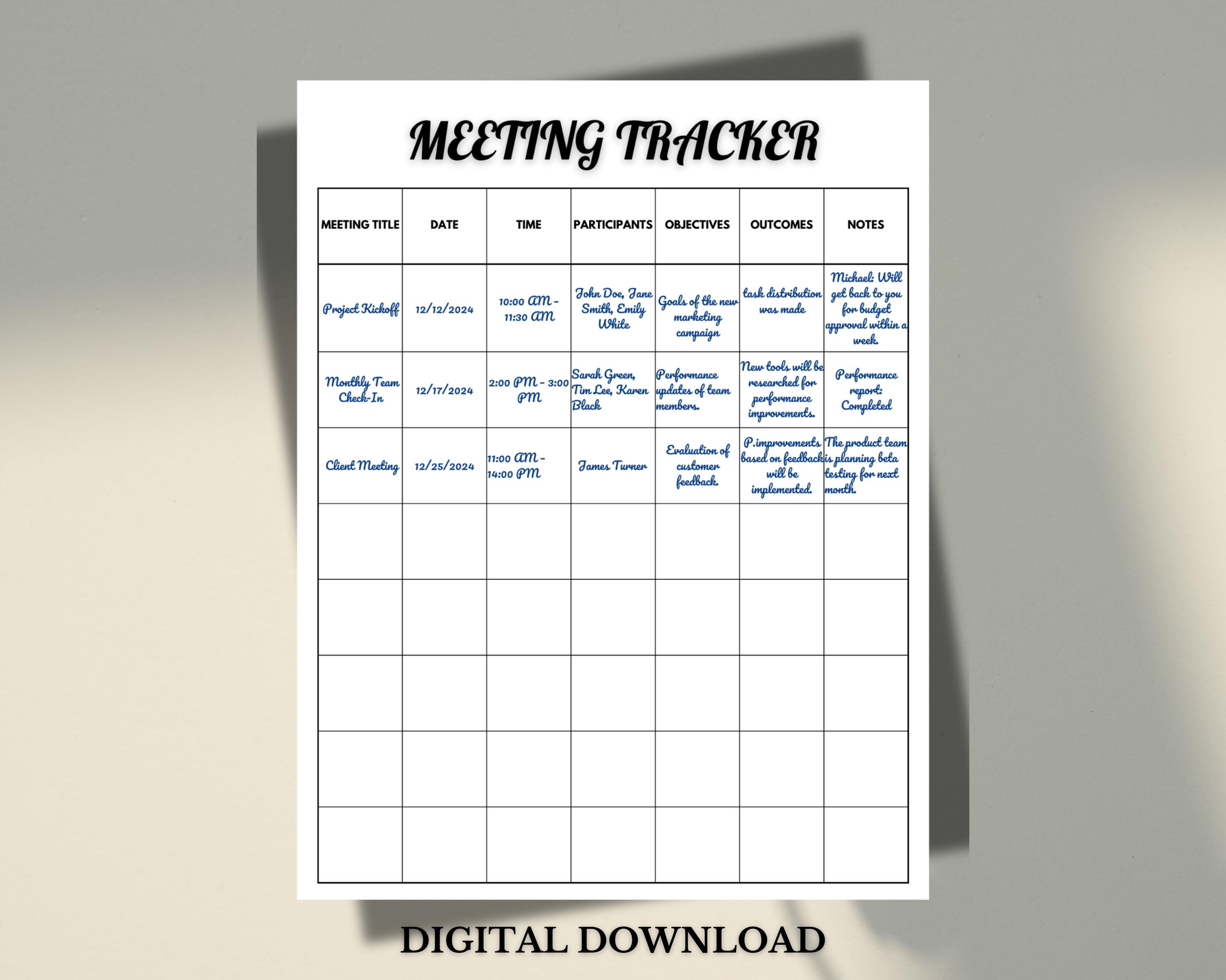 Meeting Tracker, Appointment Tracker, Meeting Planner, Meeting Schedule ...