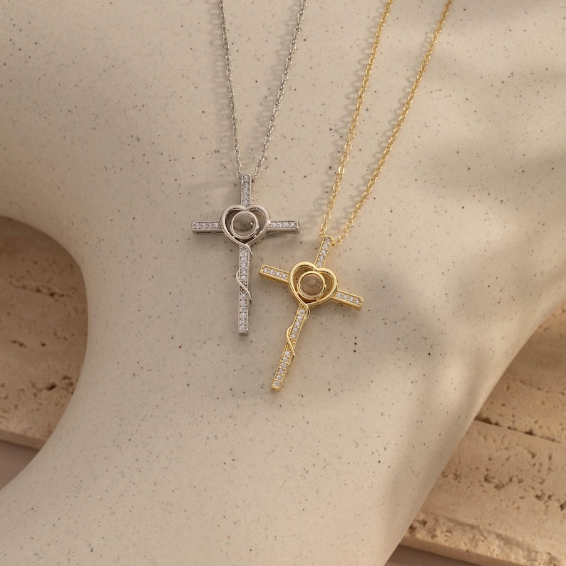 Photo Projection Cross Necklace, Custom Cross Pendant With Heart ...