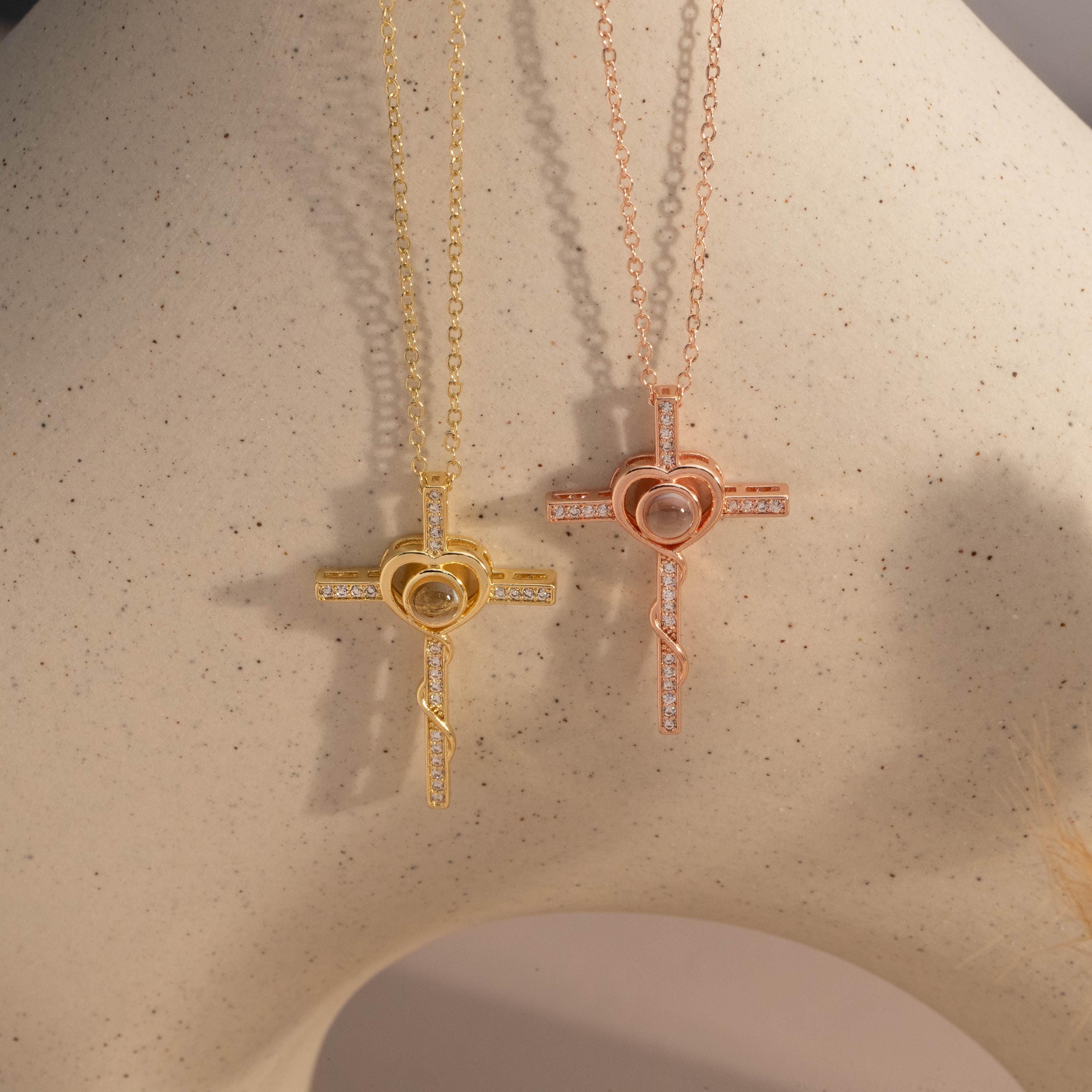 Photo Projection Cross Necklace, Custom Cross Pendant With Heart ...