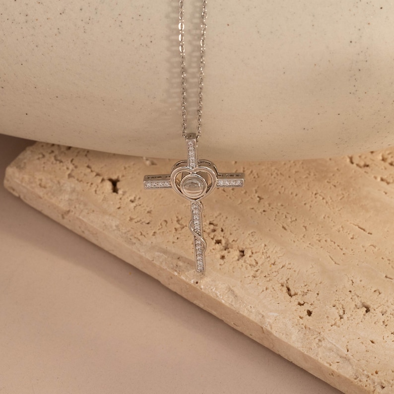 Photo Projection Cross Necklace, Custom Cross Pendant With Heart ...