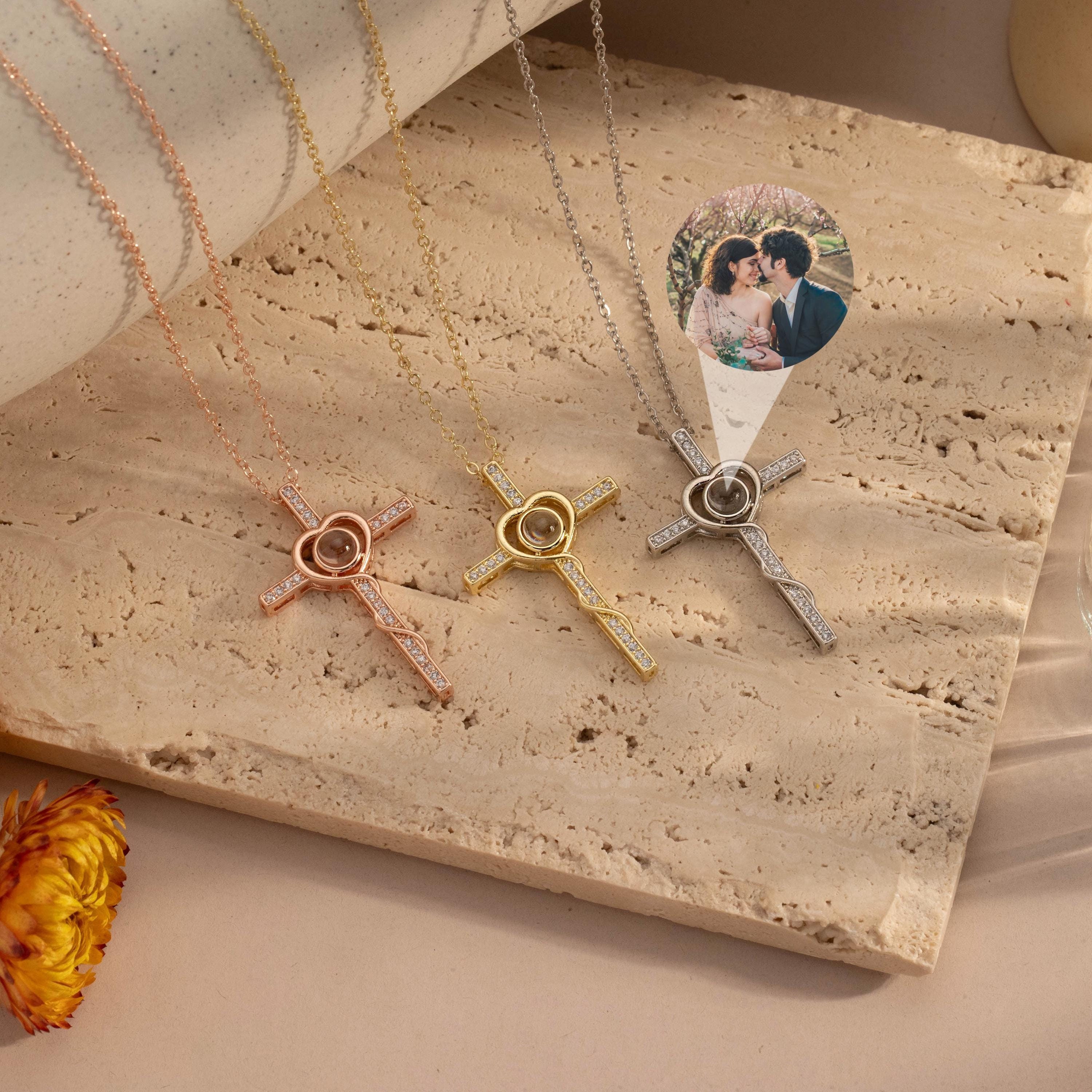 Photo Projection Cross Necklace, Custom Cross Pendant With Heart ...