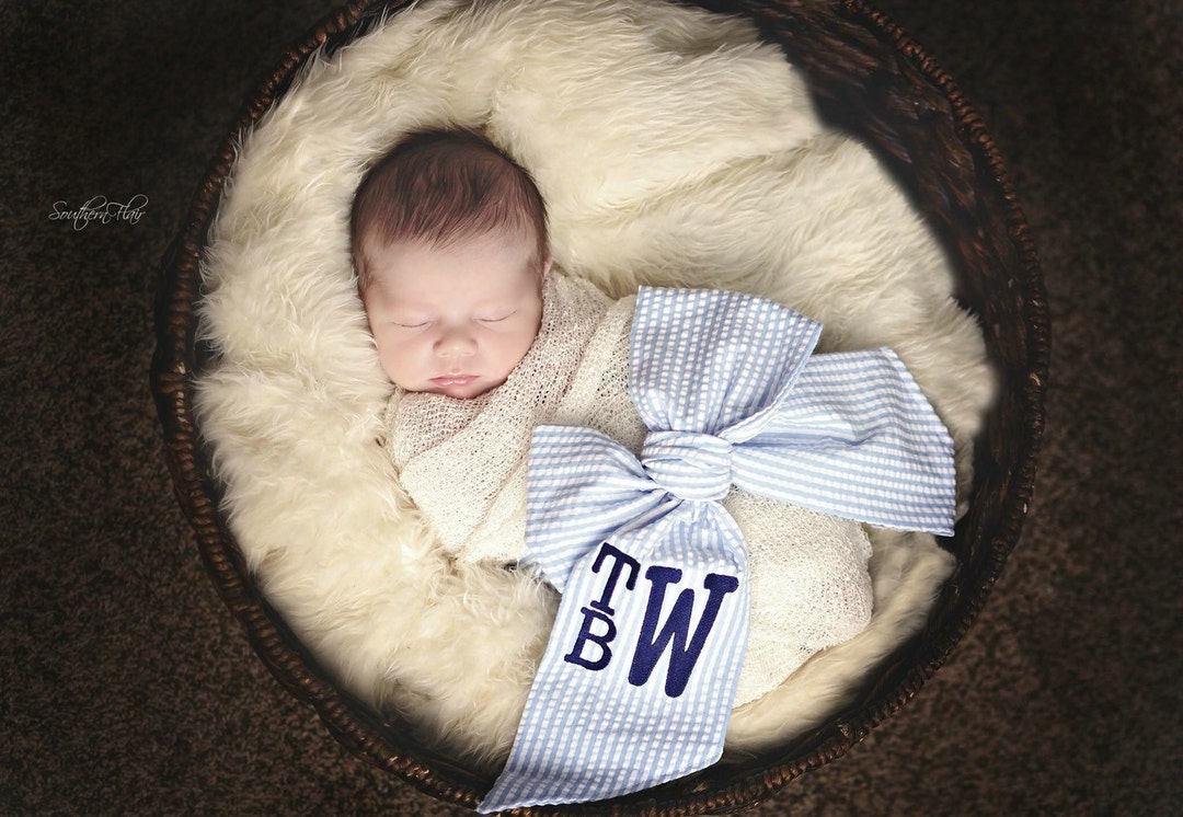 Monogrammed Seersucker Newborn Sash - Photography Prop - Newborn Photo ...