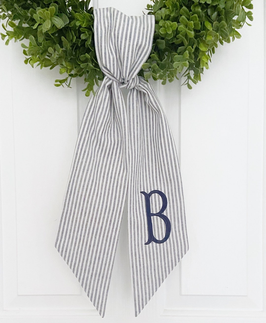 Blue Striped Monogrammed Wreath Sash - Customized Wreath Sash - Tan Initial Wreath Sash ...