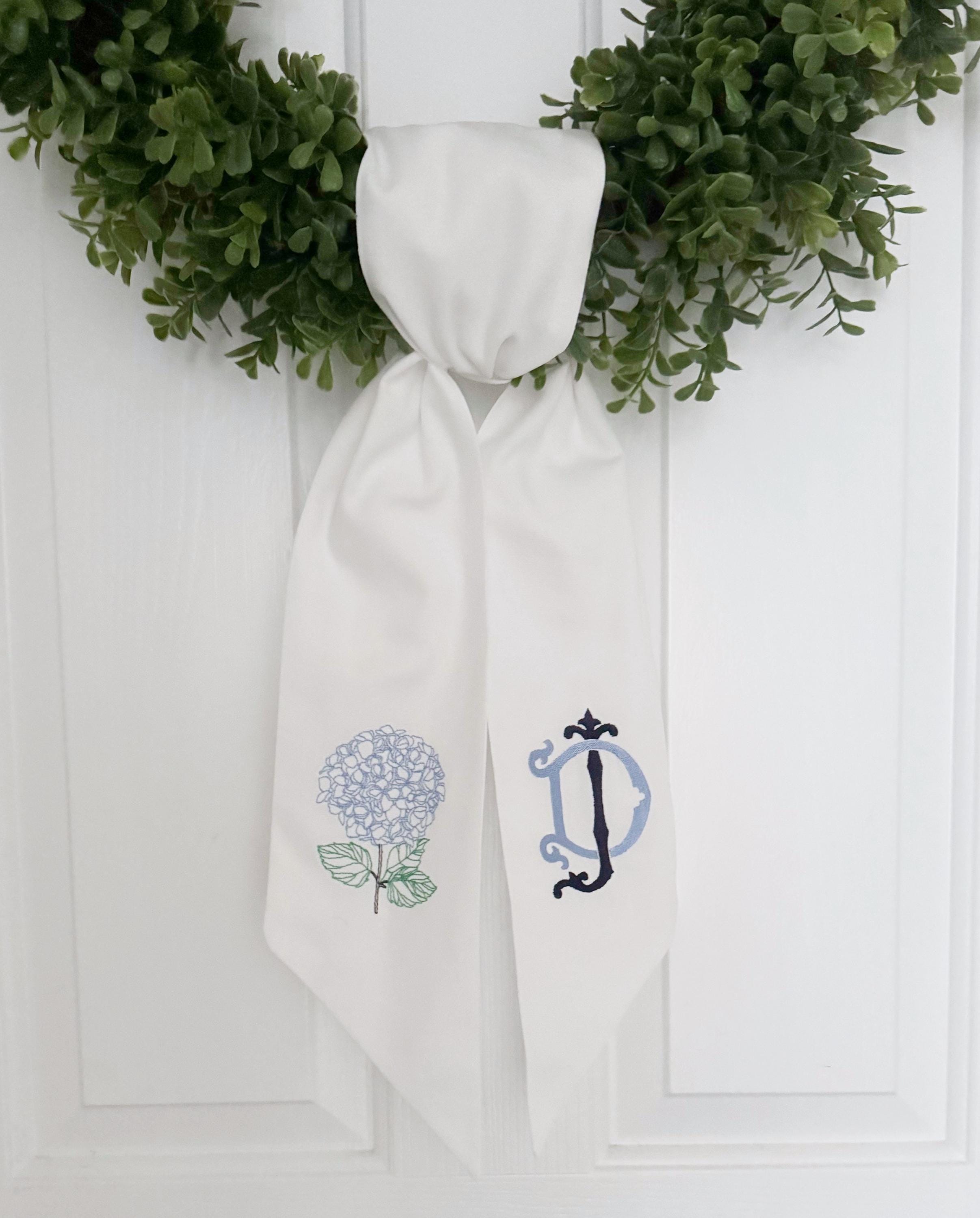 White Custom Monogram Hydrangea Wreath Sash - Customized Wreath Sash ...