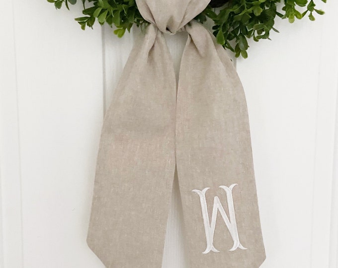 Linen Wreath Sash, Monogrammed Sash, Embroidered Sash, Wreath Wrap ...