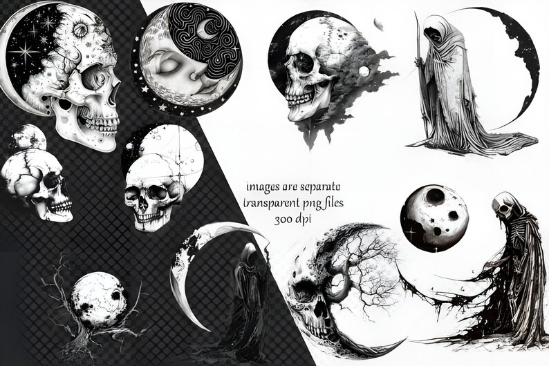 Death Moon Celestial Illustration Bundle, Celestial Spooky Clipart Set ...
