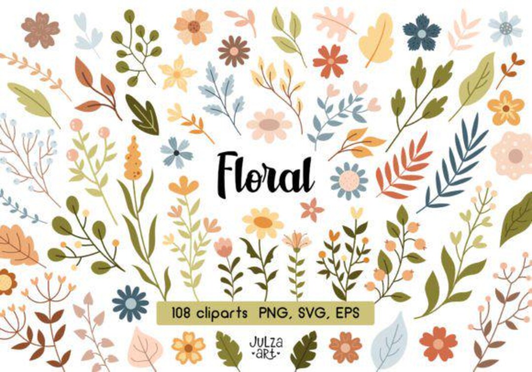 Boho Floral Clipart Bundle, Cute Flower Clipart, Shirt Design, Wall Art ...