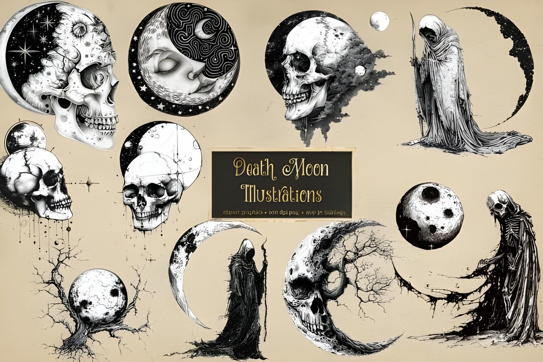 Death Moon Celestial Illustration Bundle, Celestial Spooky Clipart Set ...