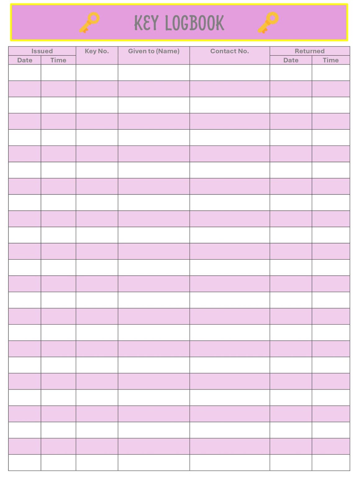 Downloadable & Printable "key Logbook" Template Document A4 Size - Etsy