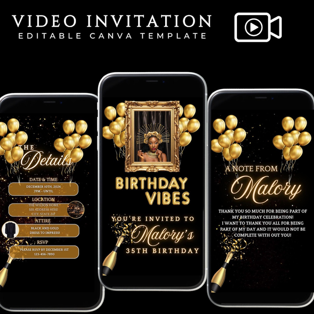Editable Gold and Black Evite, Video Invitation, Birthday Evite ...