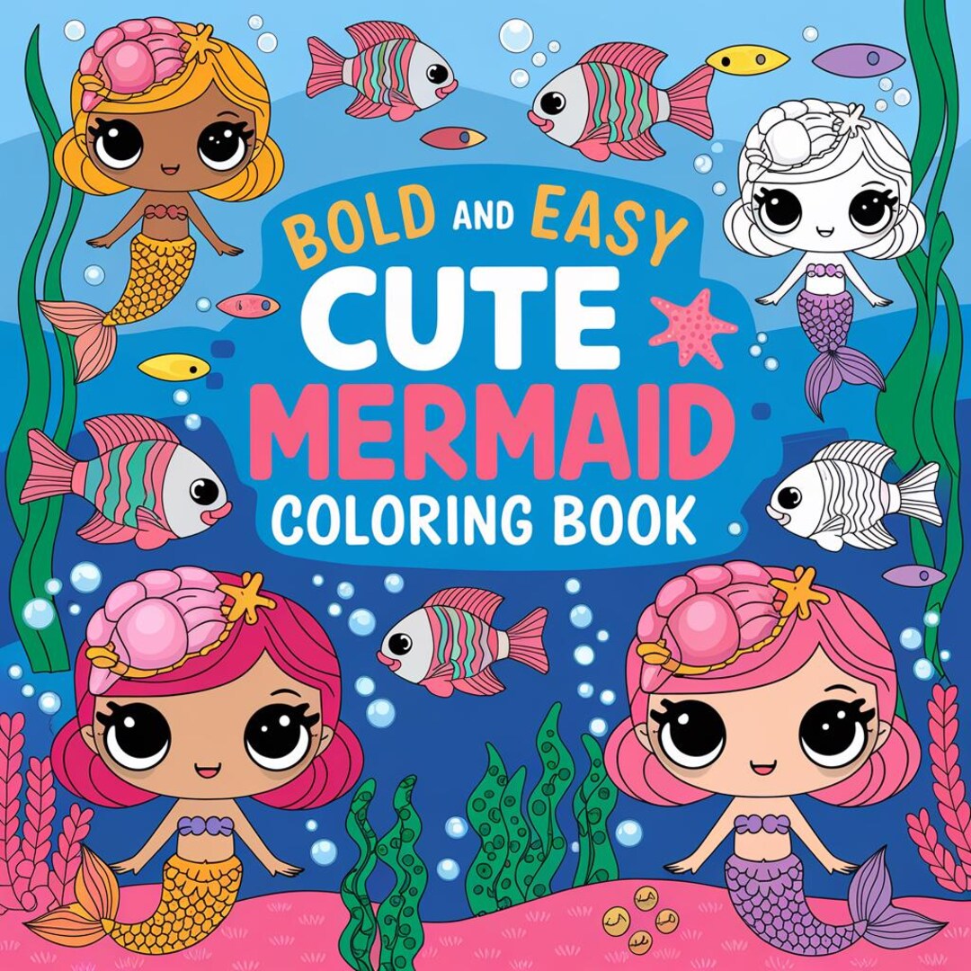 Bold and Easy Cute Mermaid 90 Coloring Pages for Kids Cute Book Kids ...