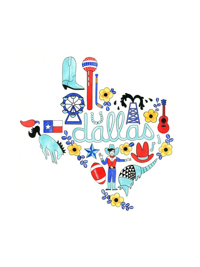 Dallas Texas State Shape Watercolor Art Print - Etsy