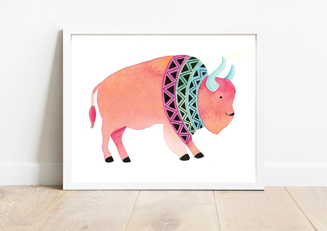 Pink Bison Wall Art Print Watercolor Painting - Etsy