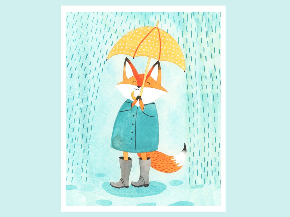 Fox and Umbrella in the Rain Watercolor Print 8"x10" - Etsy