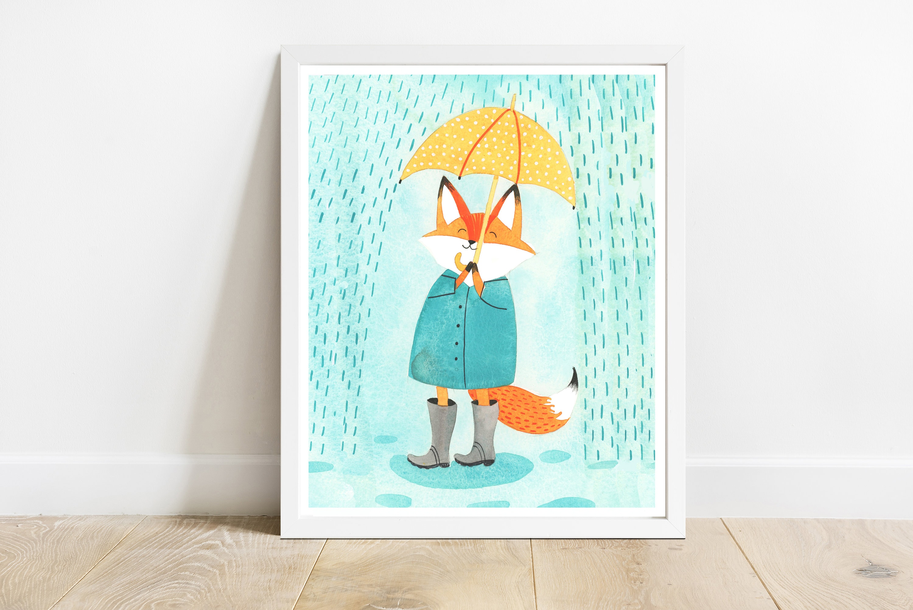 Fox and Umbrella in the Rain Watercolor Print 8"x10" - Etsy