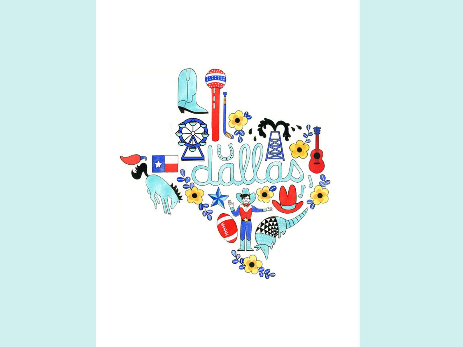 Dallas Texas State Shape Watercolor Art Print - Etsy