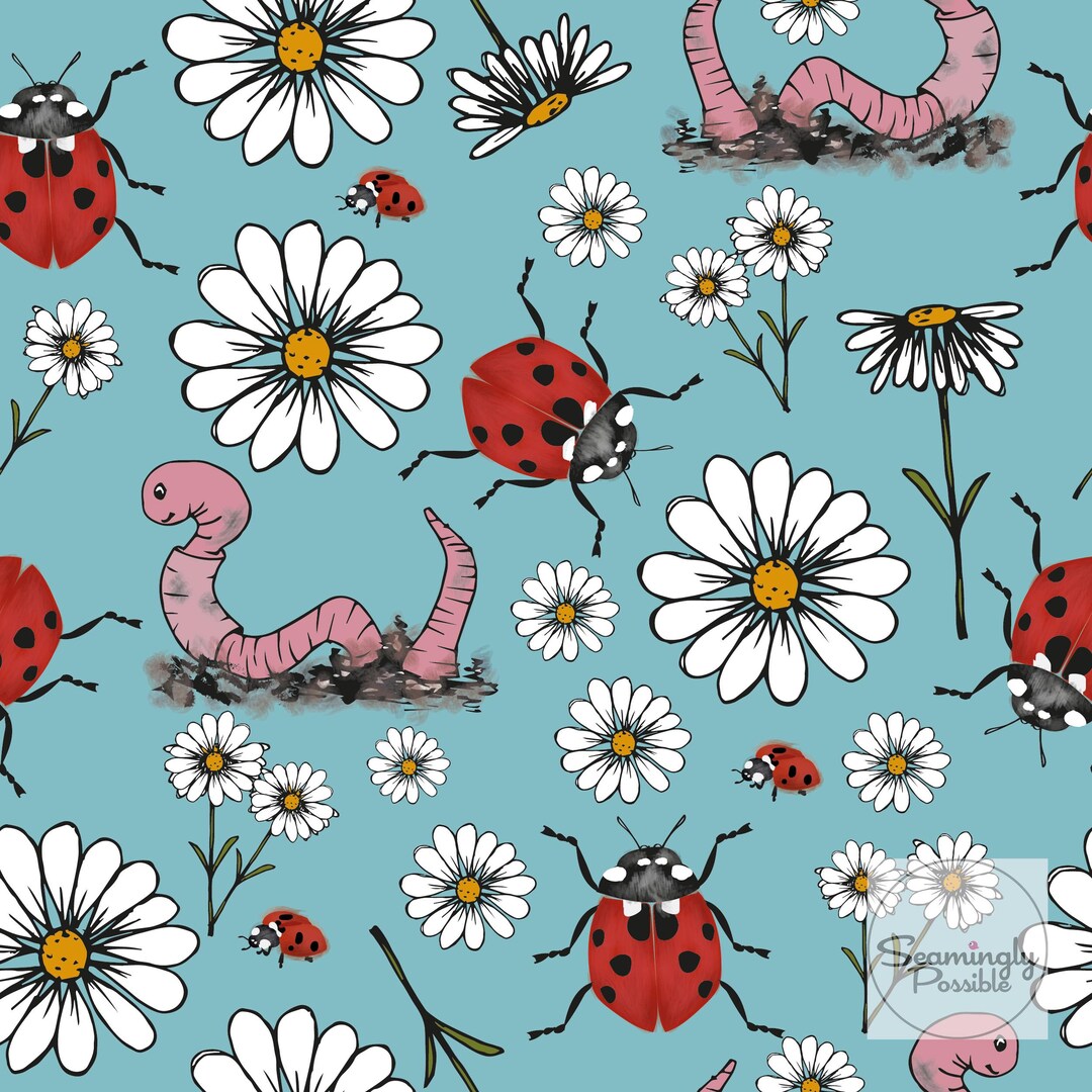 Bright Blue Insect Seamless Pattern, Garden Life, Ladybird, Worms ...