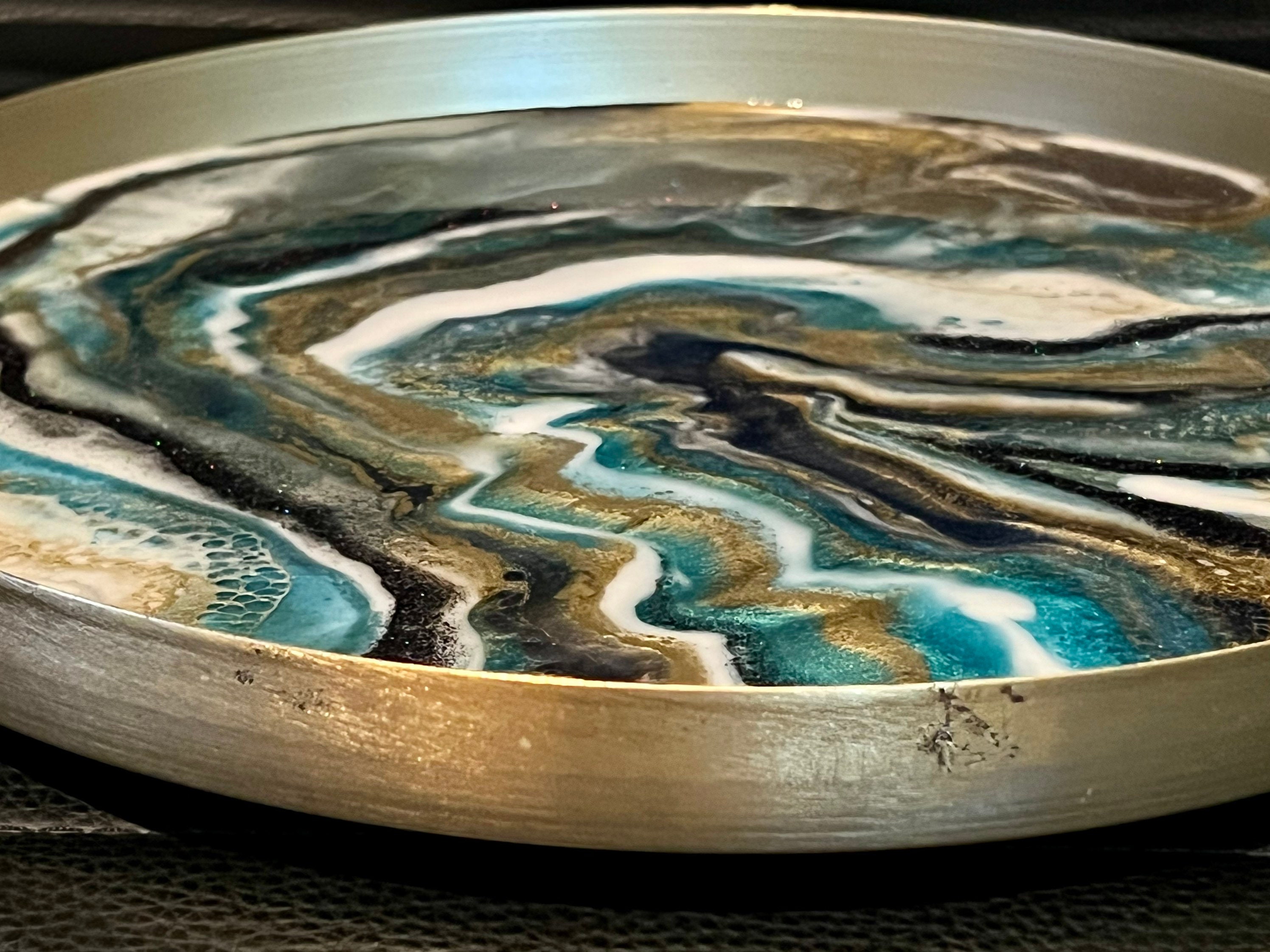 Water Blue Geode Style Decorative Tray With Resin Inlay Functional Art ...
