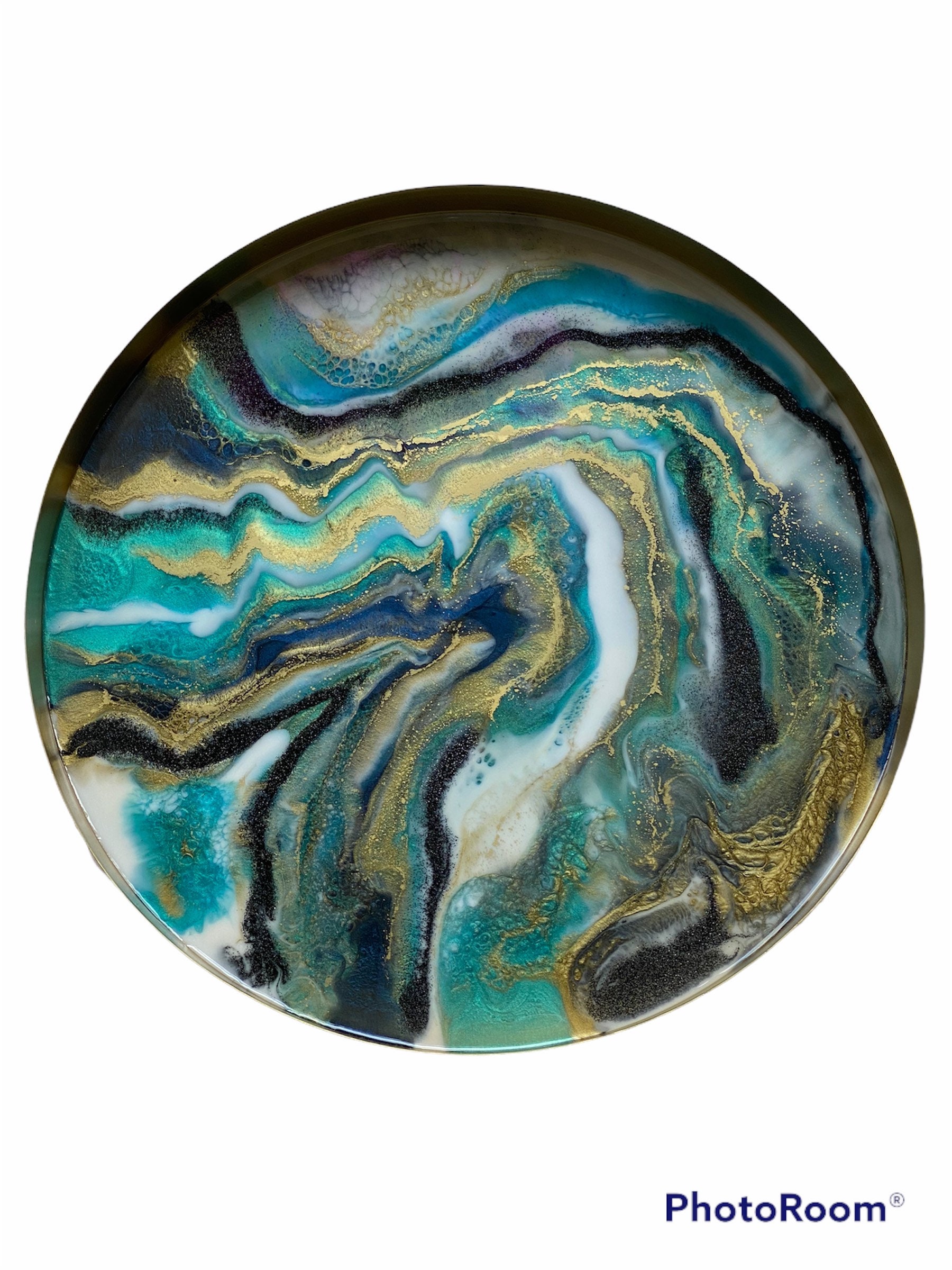 Water Blue Geode Style Decorative Tray With Resin Inlay Functional Art ...