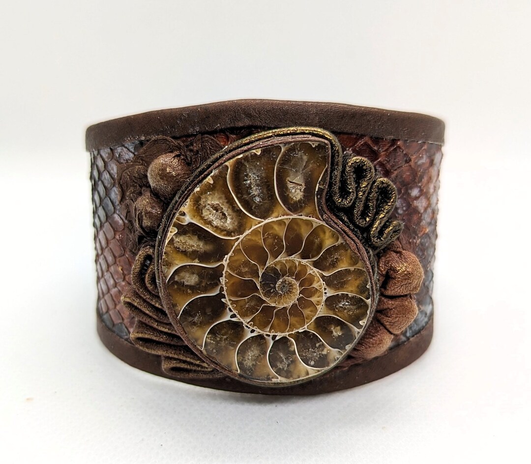 Adjustable Brown Real Snake Skin Bracelet Cuff With Ammonite Fossil ...