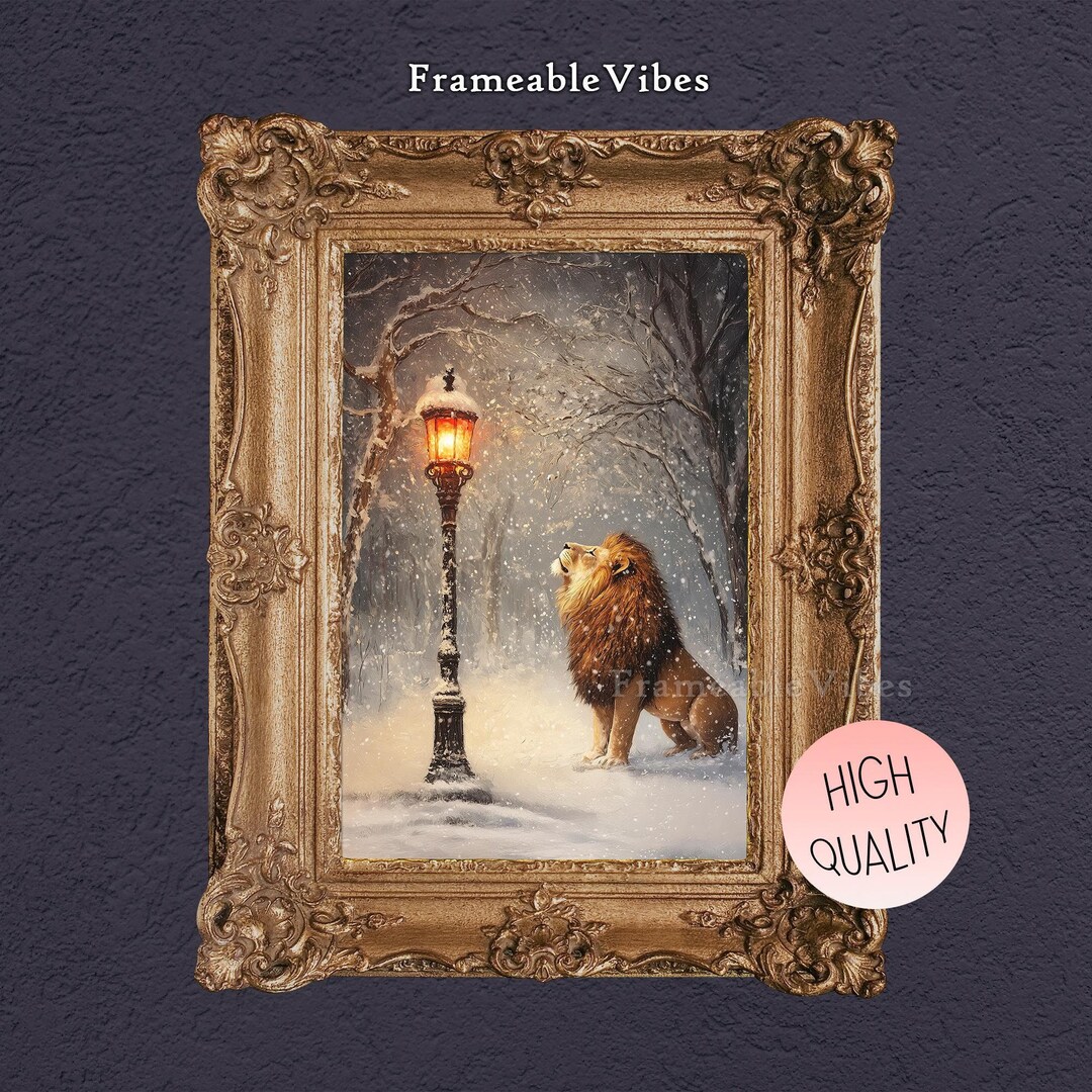 Aslan and Lamppost Wall Art, Printable Digital Home Decor, Fantasy Portrait, the Mighty Lion ...